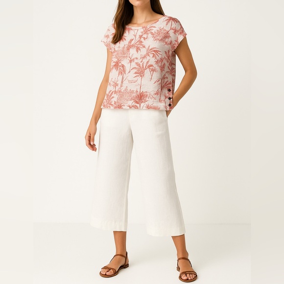 Joie | Tops | Joie Linen Tropical Print Linen Tee M Redwhite Palm ...